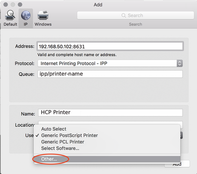Adding IPP print queue manually in Mac OS